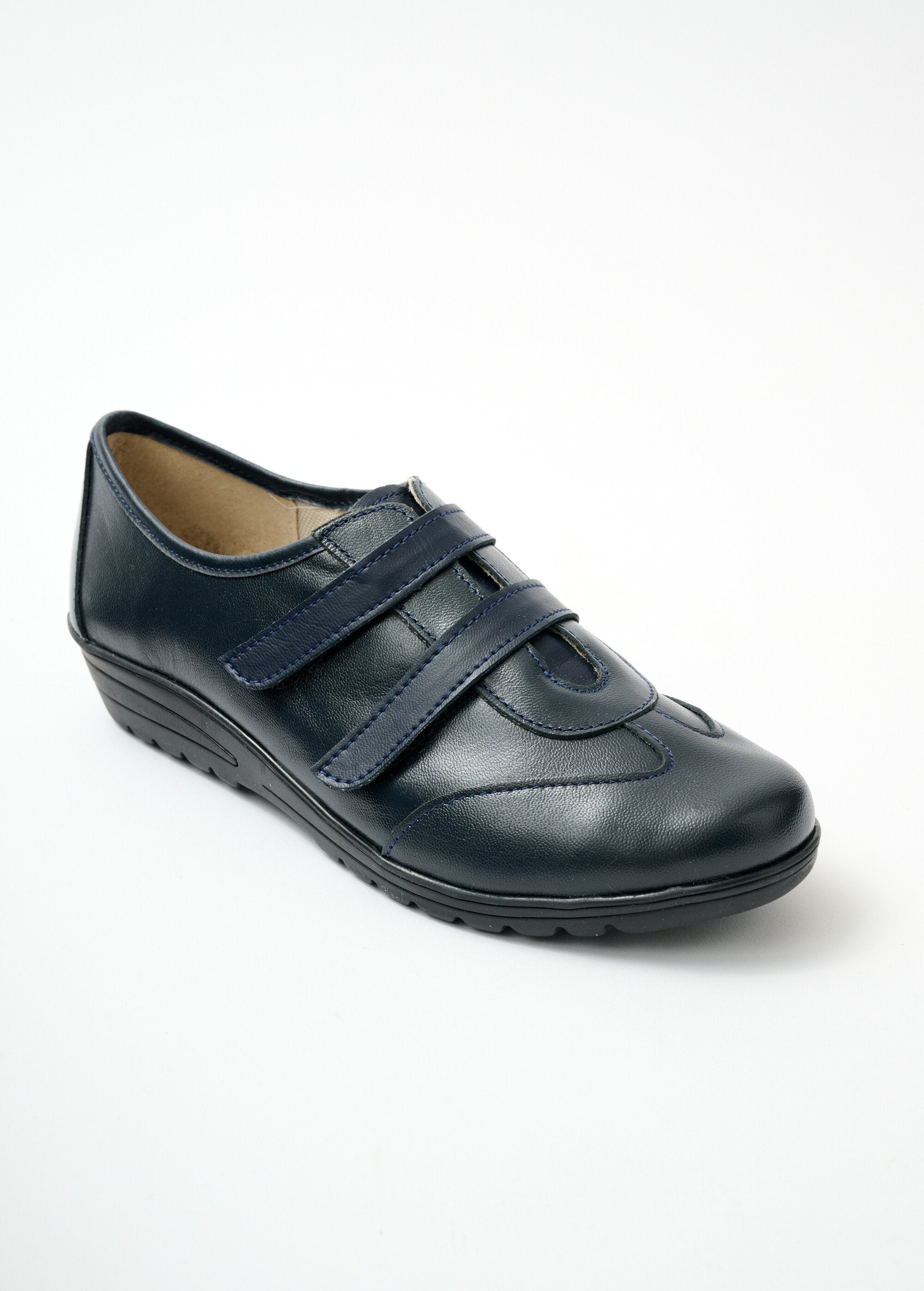 Comfort width leather derbies with Velcro fastenings Marine | Afibel