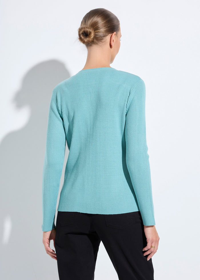 Plain ribbed knit button-front cardigan Aqua | Afibel