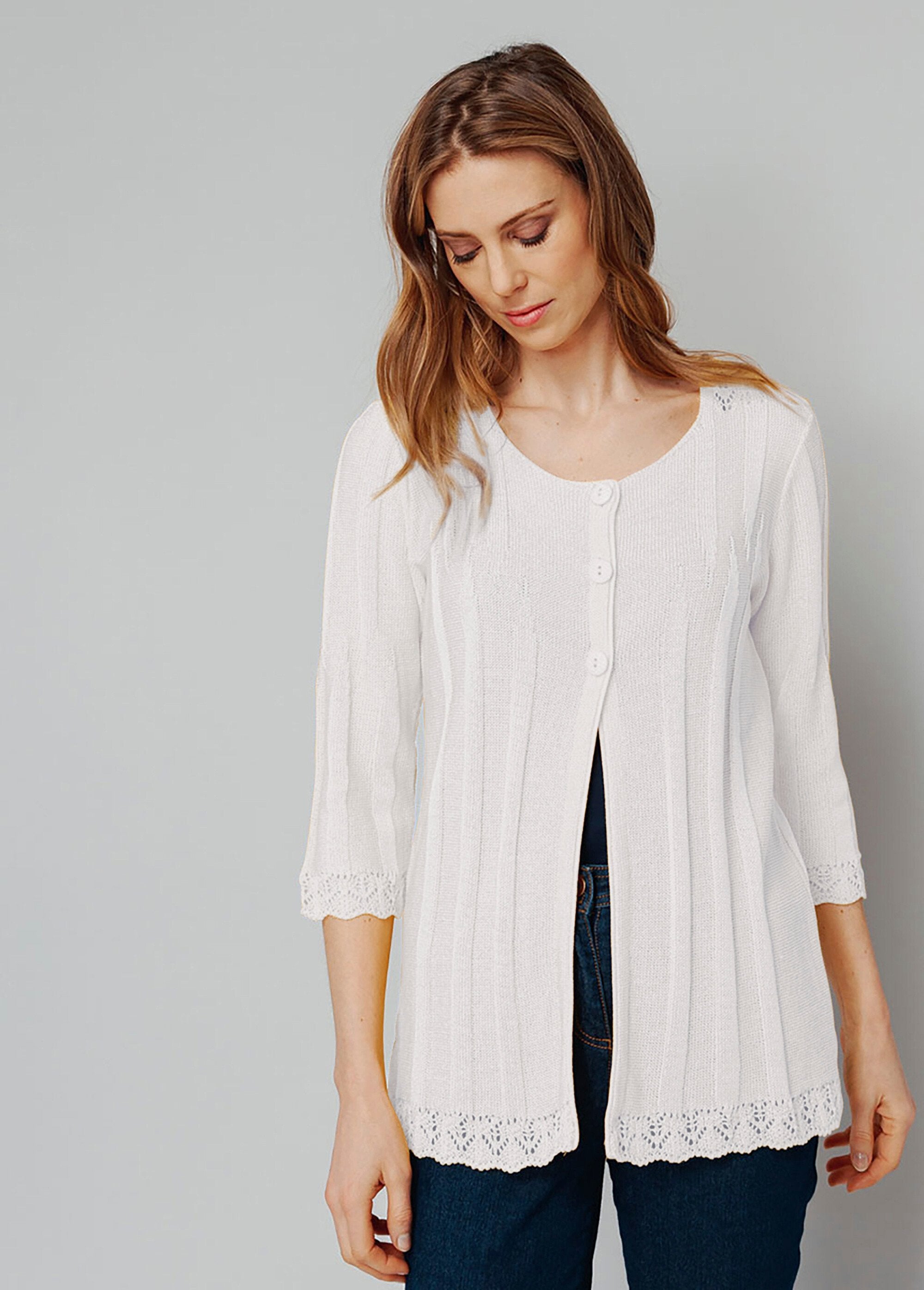 Long openwork buttoned cardigan White | Afibel