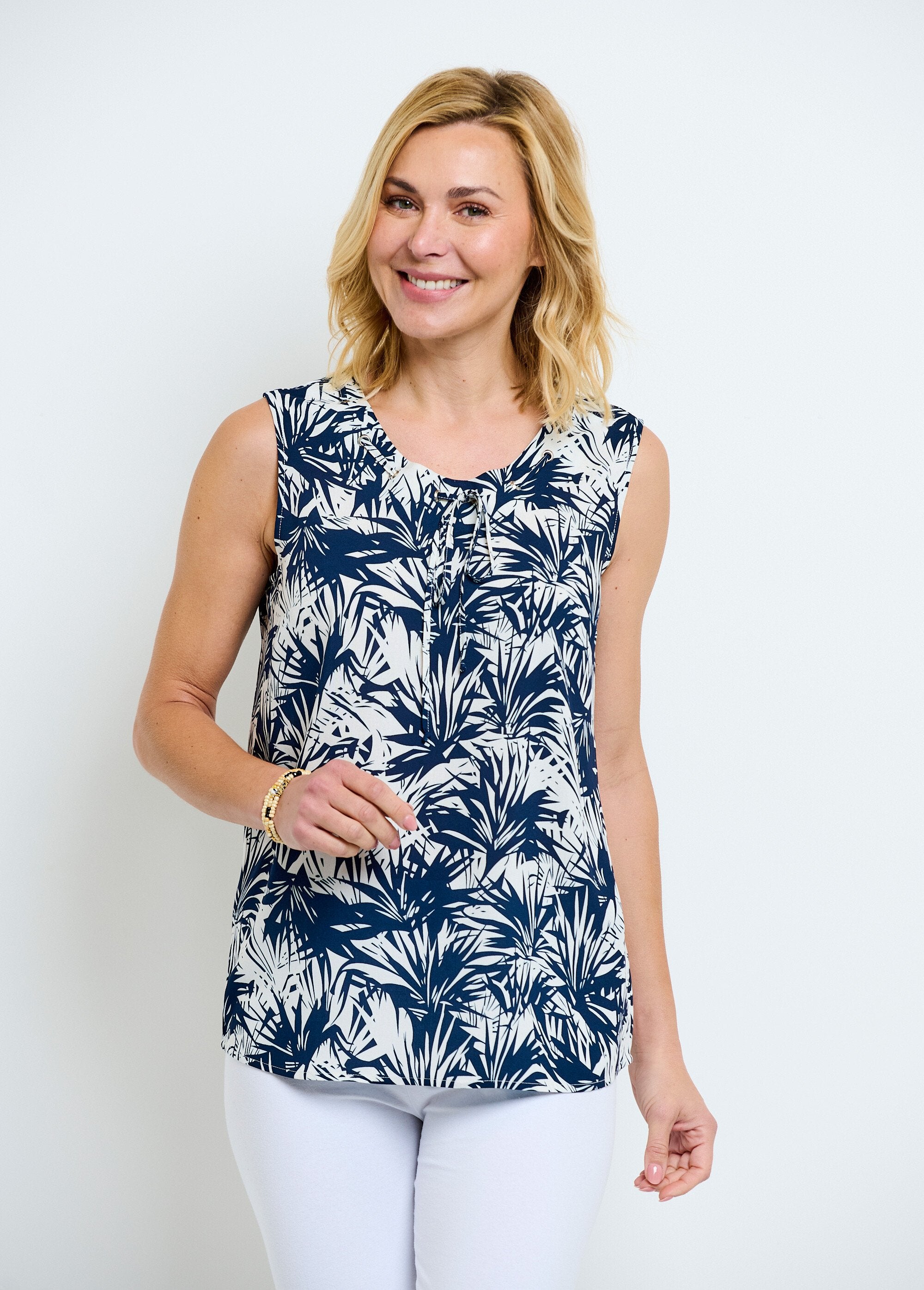 Long round neck tank top, plain or printed Navy and white | Afibel