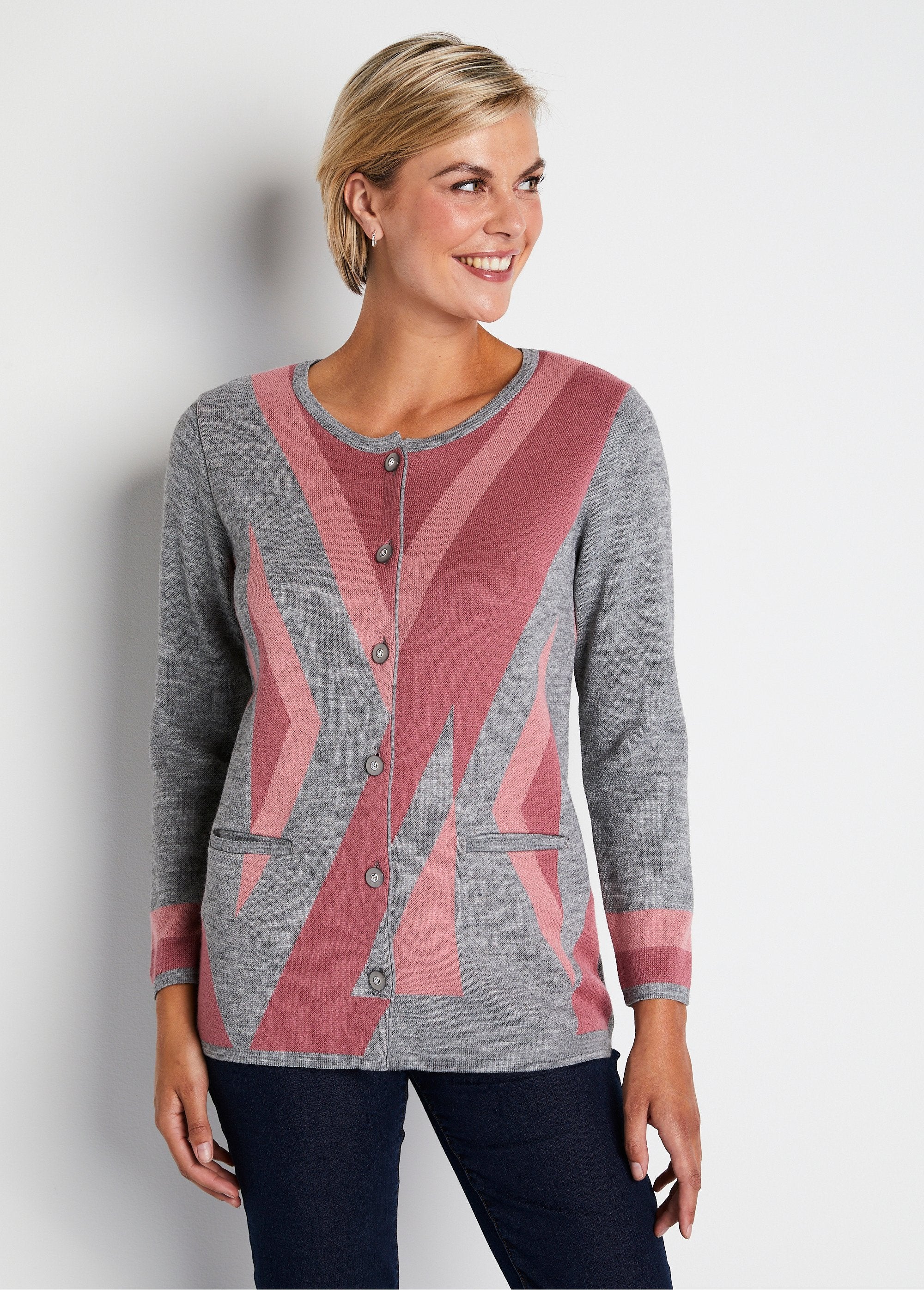 Mid-length wool jacquard buttoned cardigan Gray and pink | Afibel