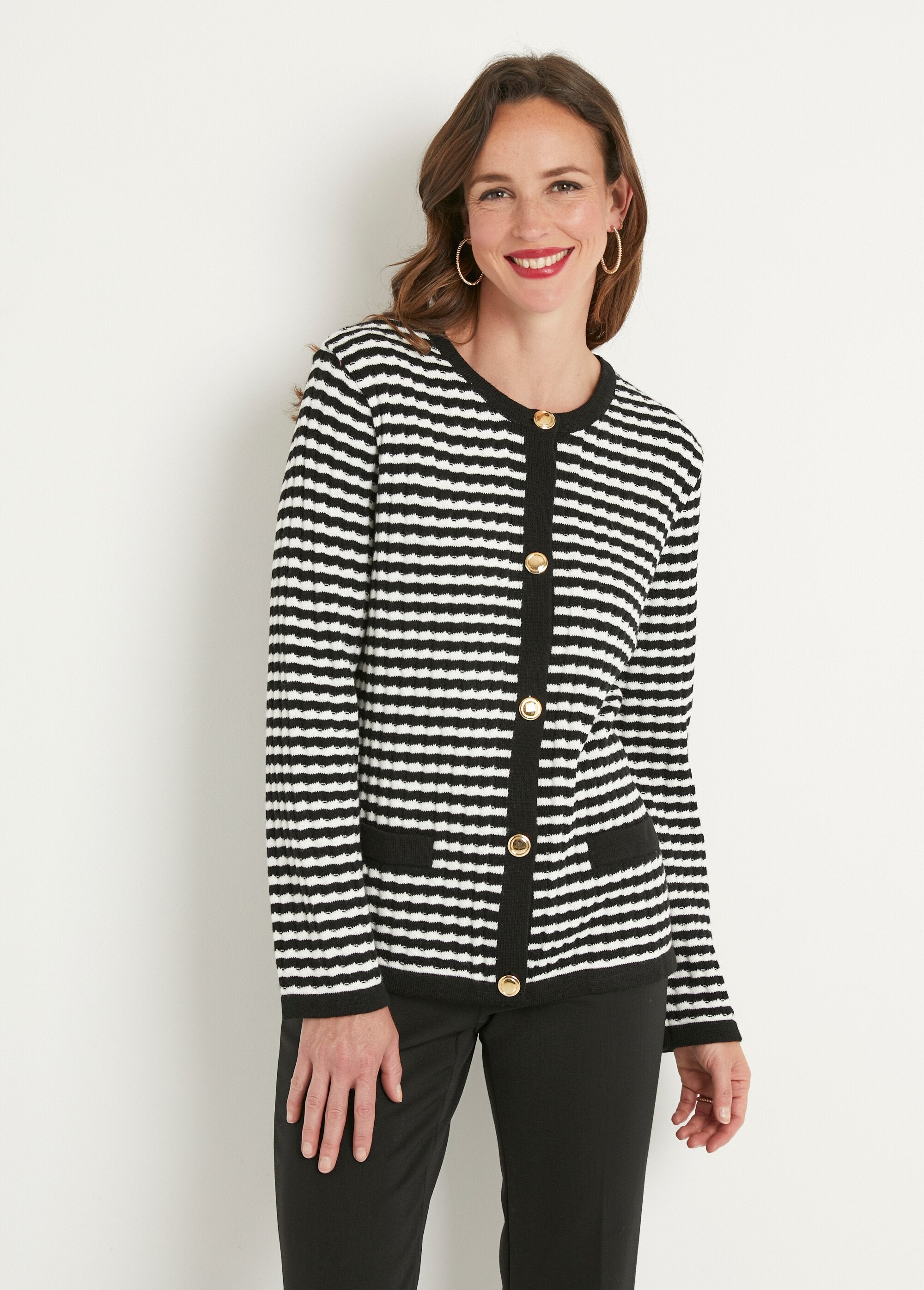 Striped button-down cardigan with round collar and gold buttons Black ...