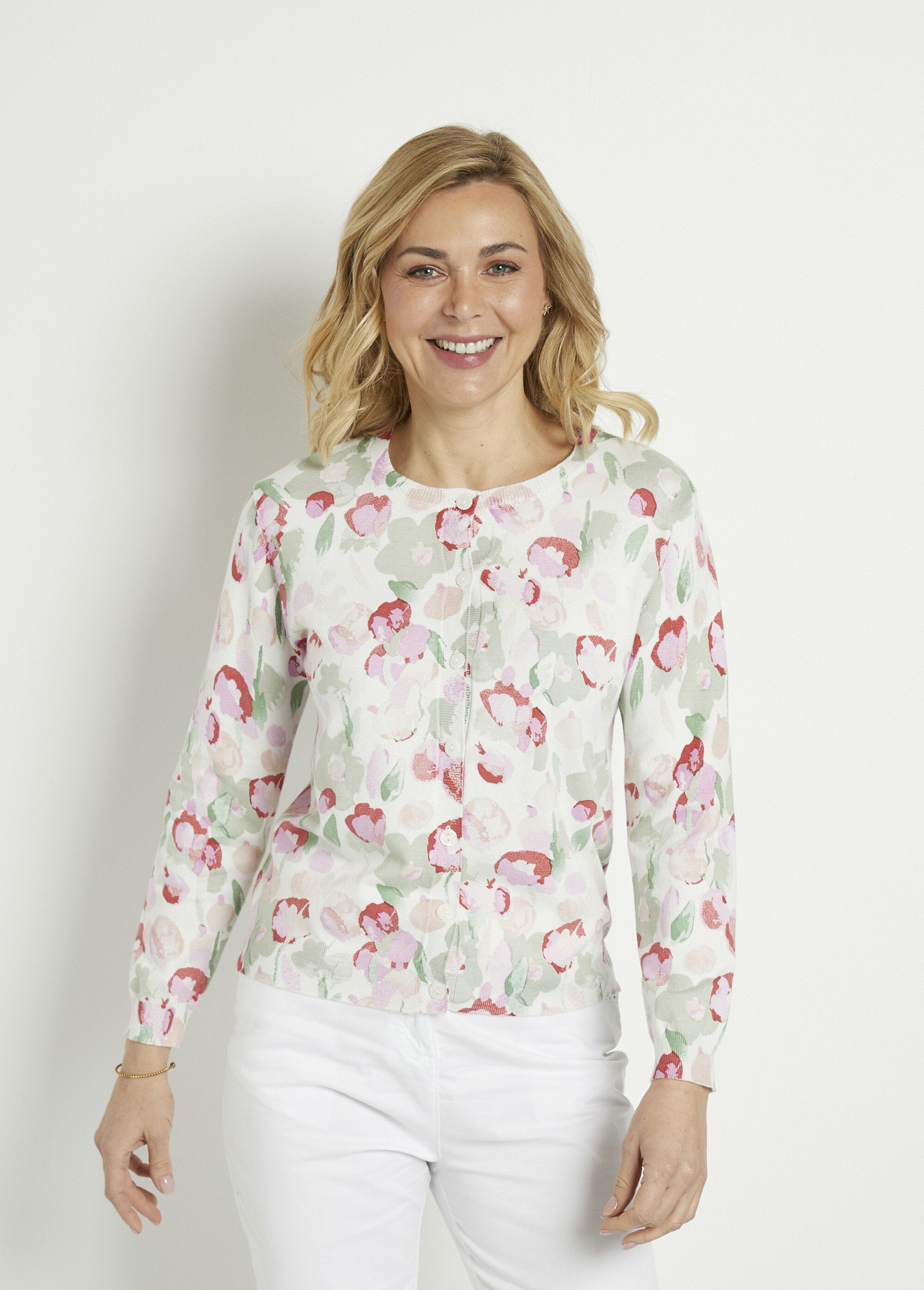 Soft round neck buttoned cardigan vest Green and poppy | Afibel