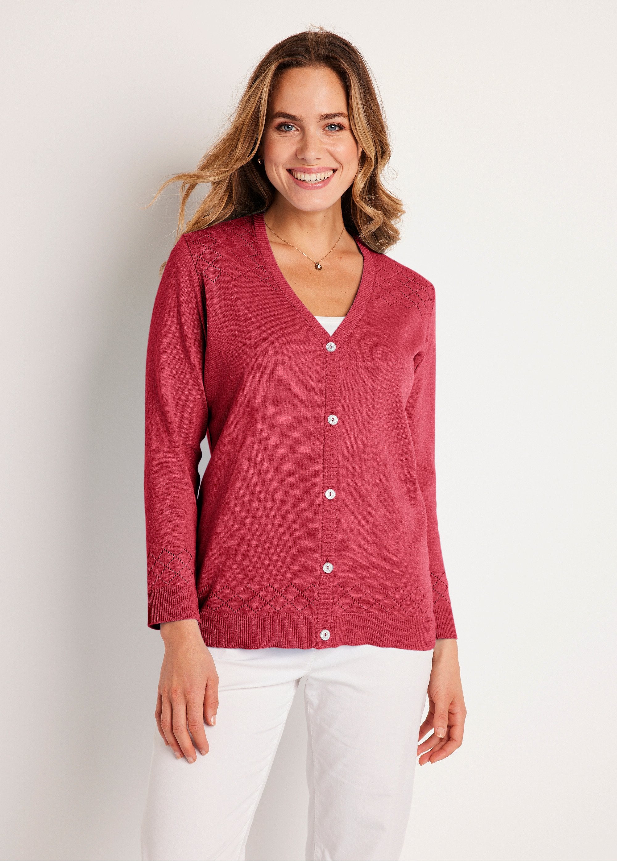 Thin buttoned openwork cardigan Pink | Afibel