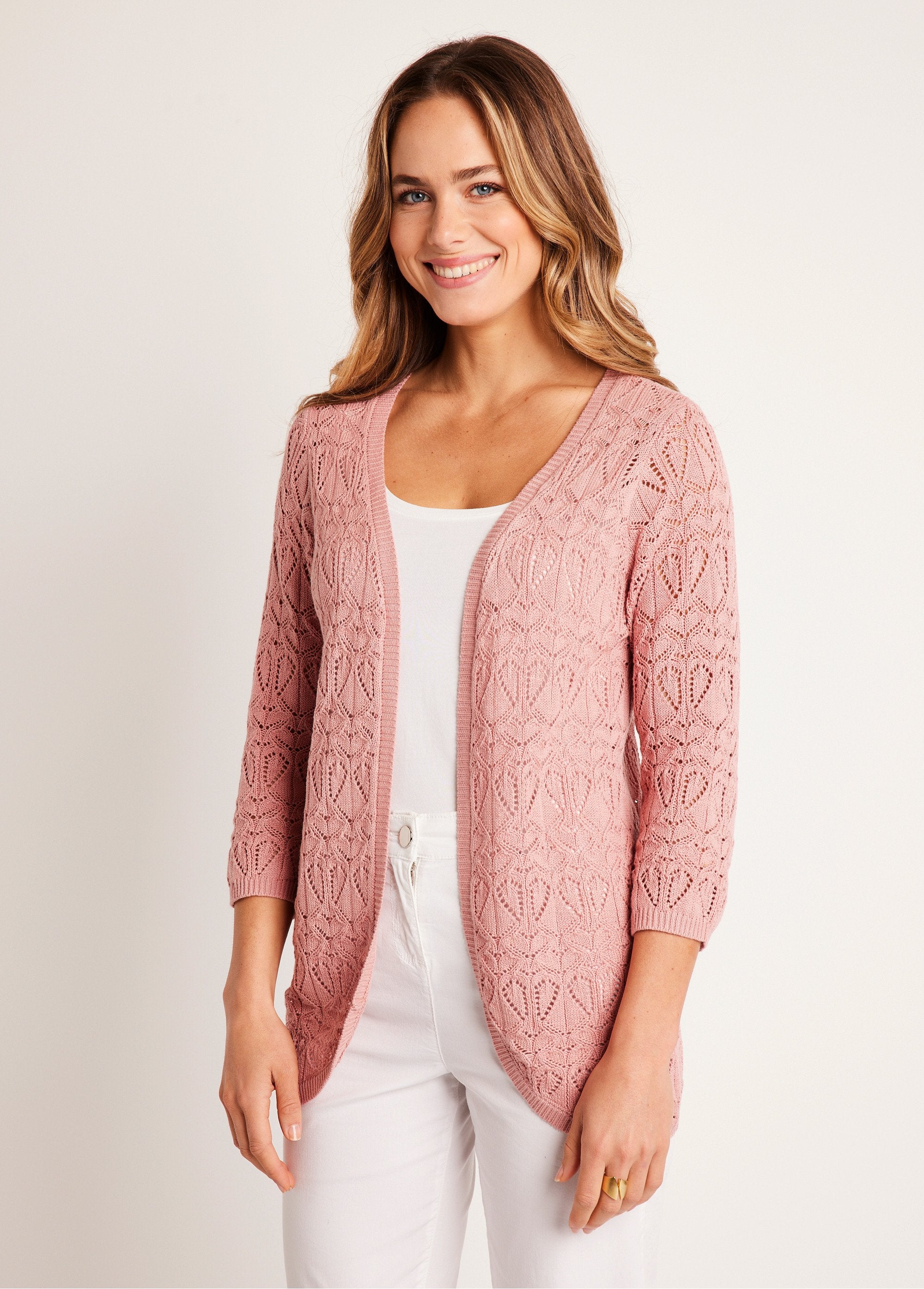 Long openwork cotton cardigan with 3/4 sleeves Powdery pink | Afibel