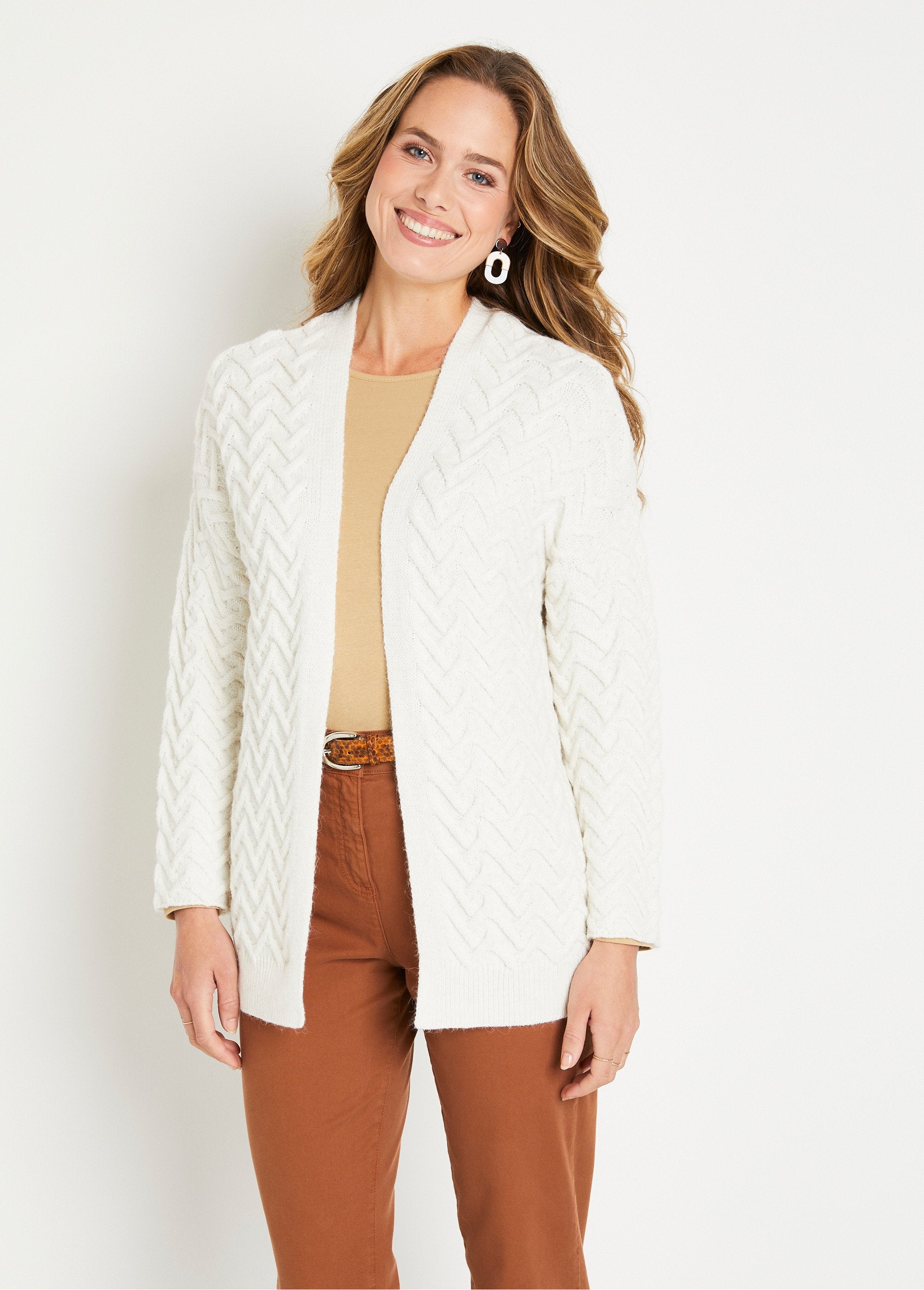 Long, warm, thick, edge-to-edge cardigan Ecru | Afibel