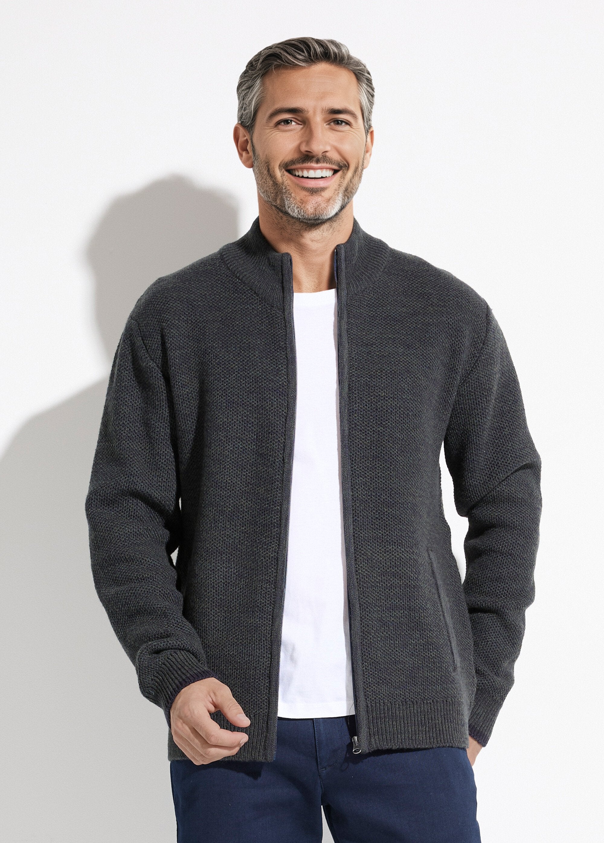 Zipped cardigan with high collar in heathered wool knit Green | Afibel