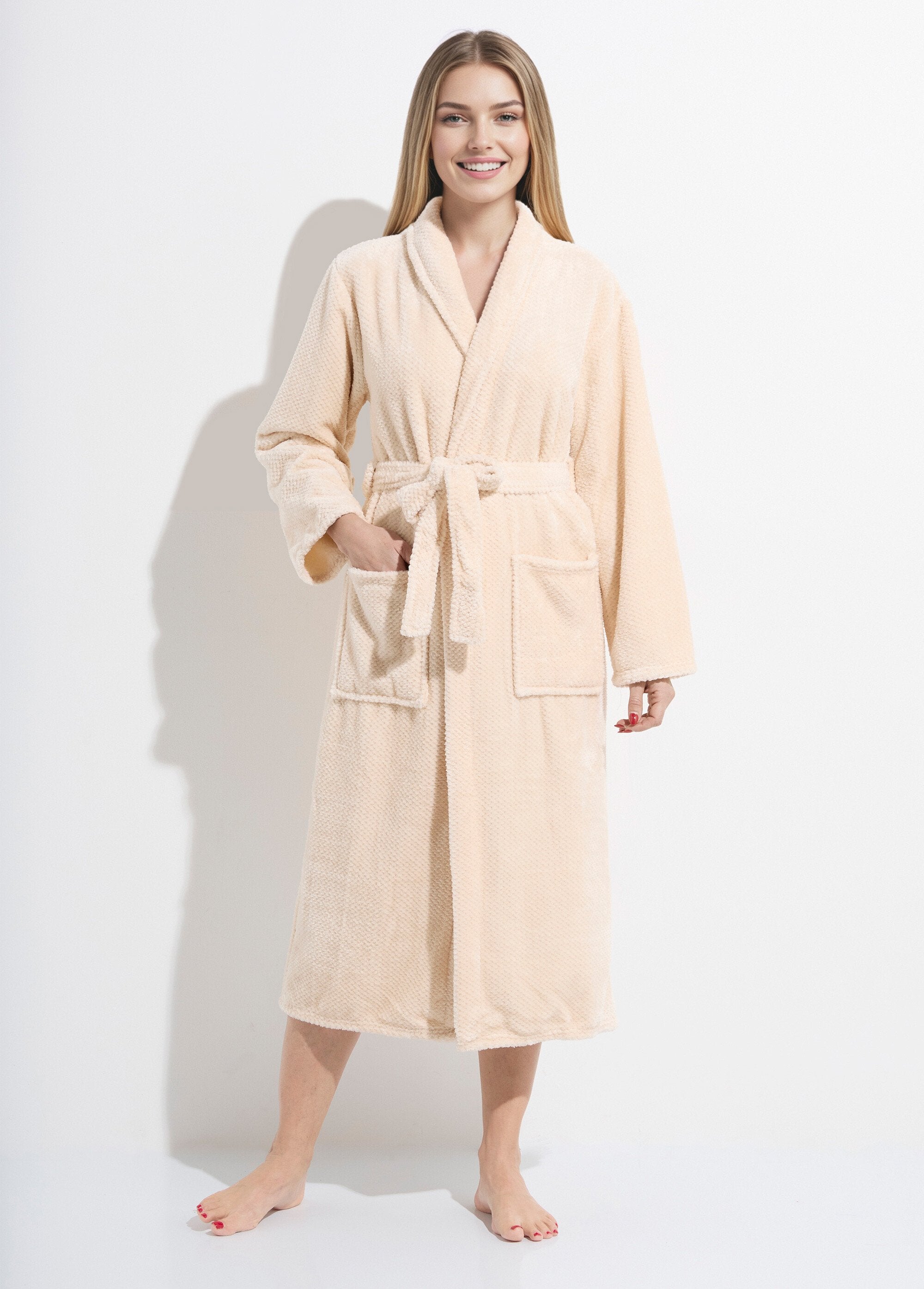 Long fancy fleece bathrobe Ivory | Afibel