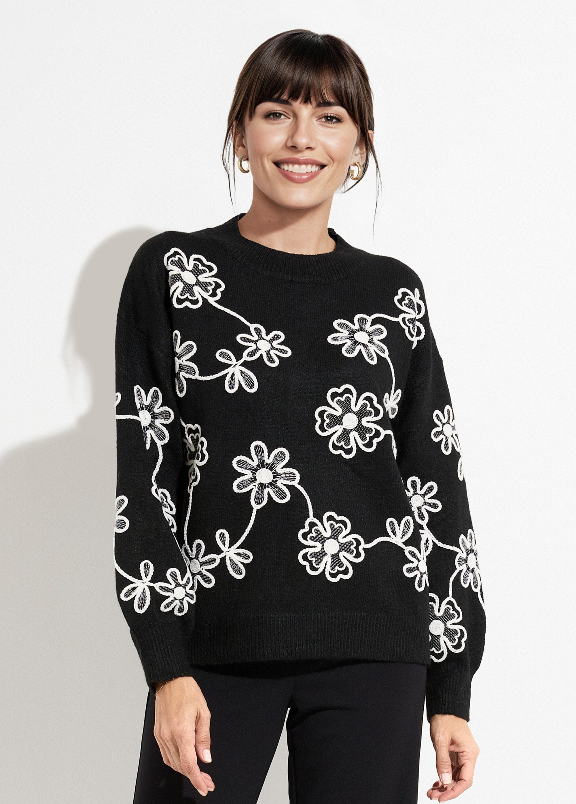 High-top sweater with embroidered flower application Black | Afibel